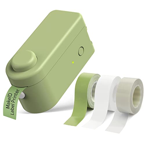 Makeid Label Maker Machine with 3 Tapes (White+ Green+ Transparent) 3/5 inch or 16mm USB Rechargeable Thermal Label Printer for Android iOS Cute Fonts Emoji Stickers Fast and Easy, Green