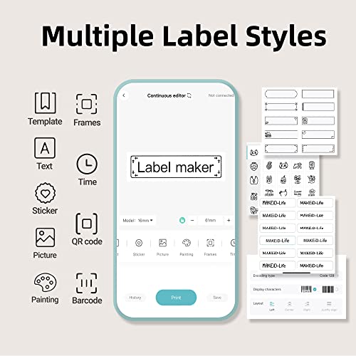 Makeid Label Maker Machine with 3 Tapes (White+ Green+ Transparent) 3/5 inch or 16mm USB Rechargeable Thermal Label Printer for Android iOS Cute Fonts Emoji Stickers Fast and Easy, Green