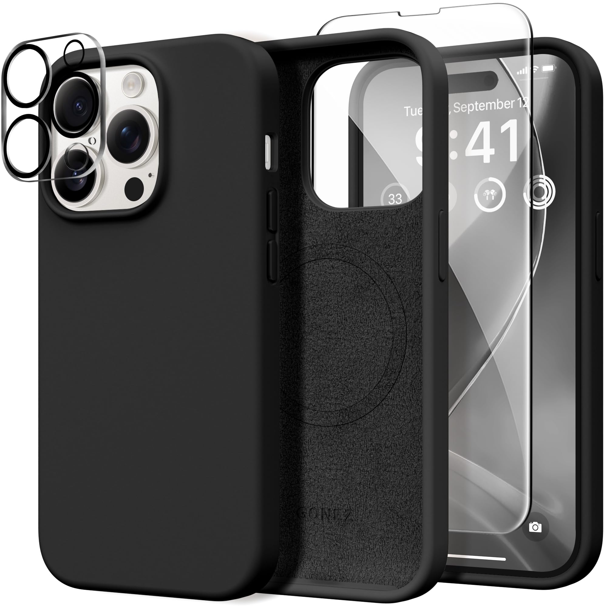 GONEZ for iPhone 14 Pro Max Case Silicone, Compatible with MagSafe, with Screen Protector + Camera Lens Protector, Liquid Silicone Shockproof Protective iPhone 14 ProMax Case 6.7", Black
