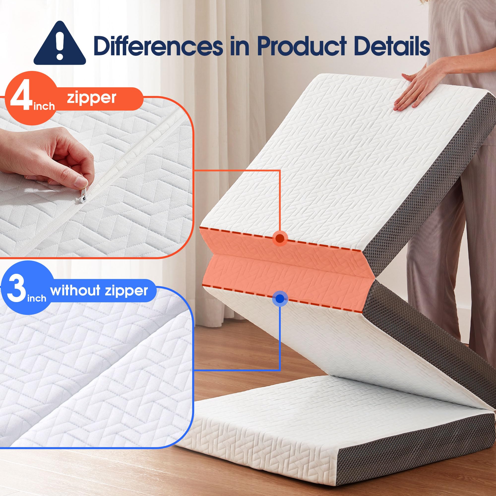 BedLuxury 3 Inch Twin Size Foldable Memory Foam Topper Portable Floor Guest Bed with Removable Cover