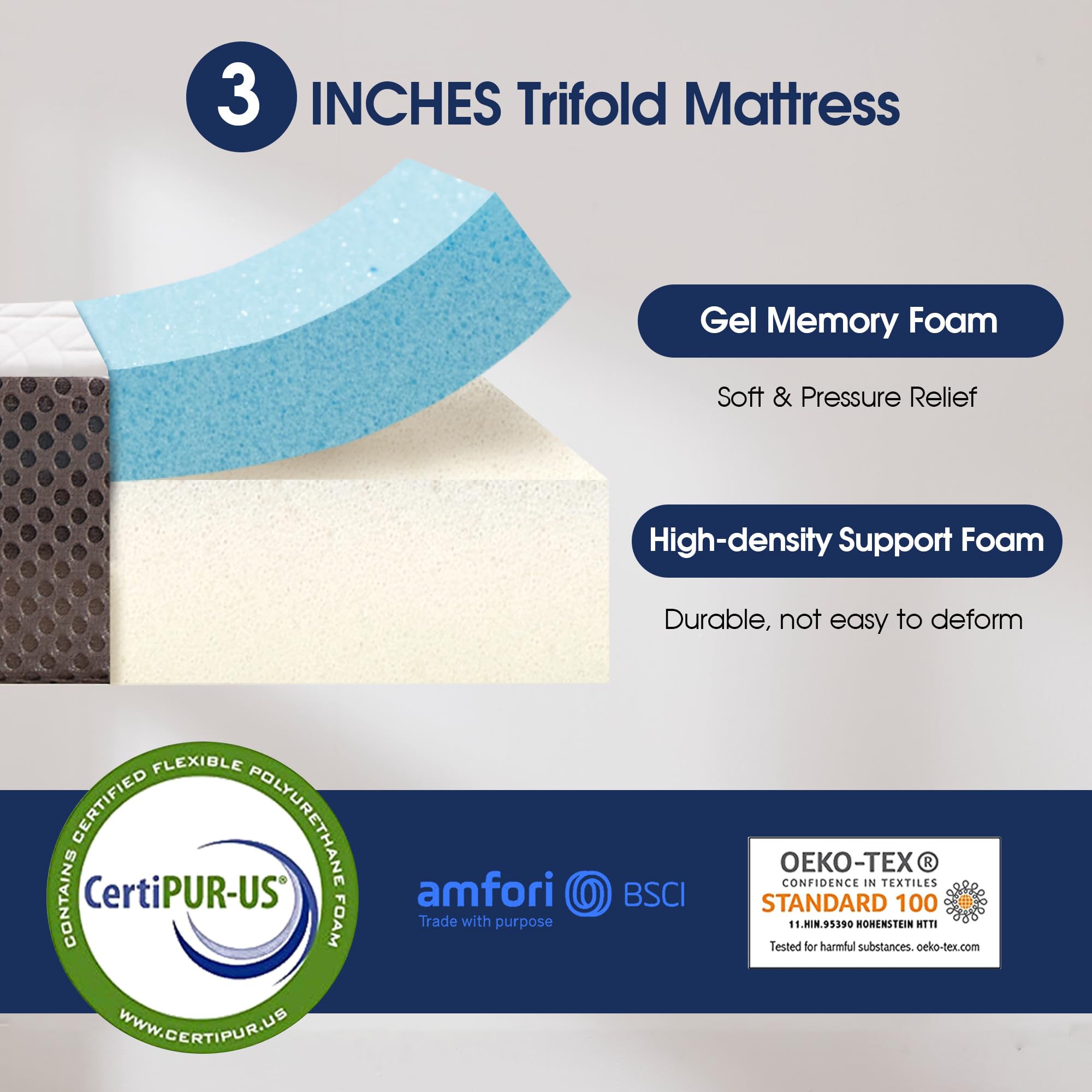 BedLuxury 3 Inch Twin Size Foldable Memory Foam Topper Portable Floor Guest Bed with Removable Cover