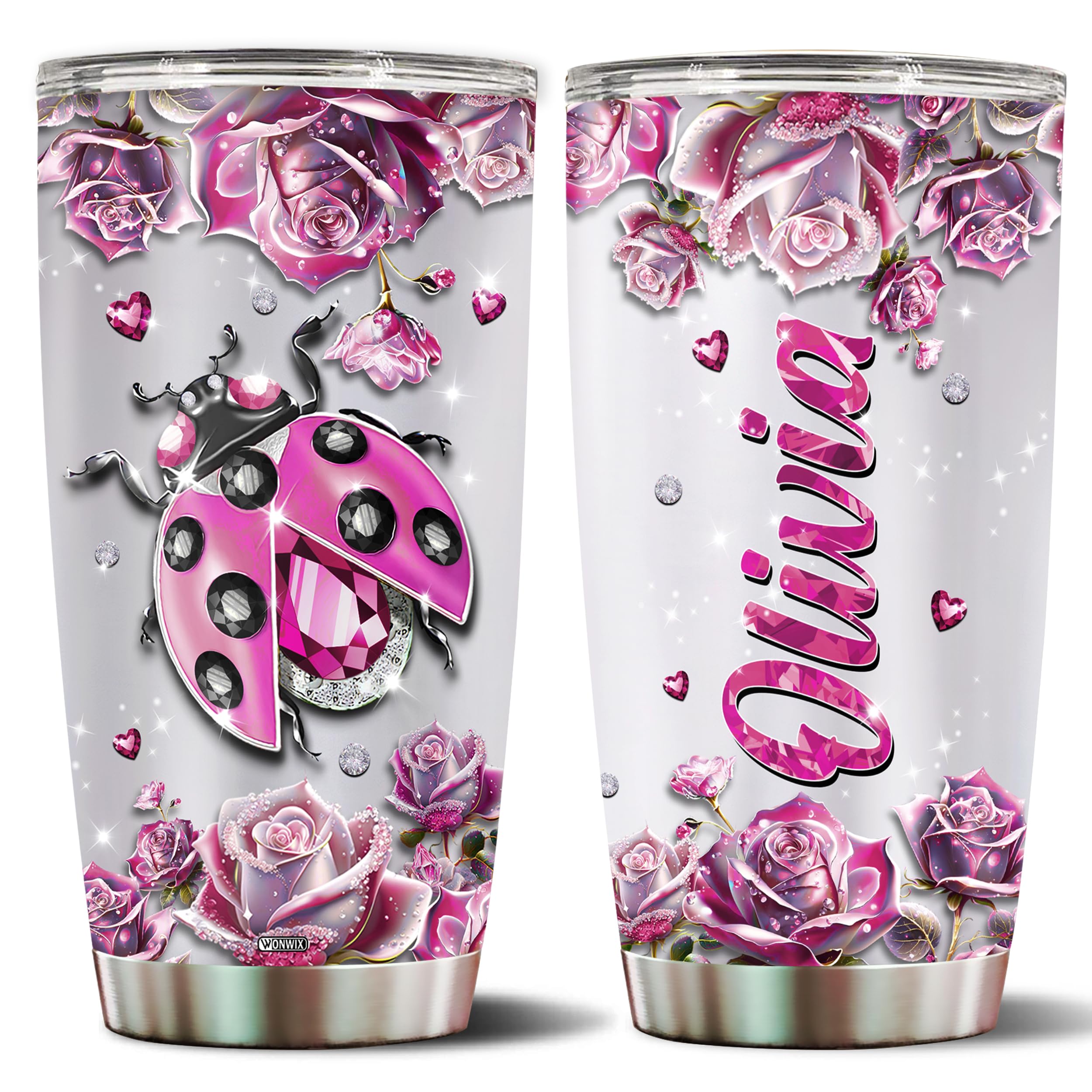 WONWIX Personalized Insulated Stainless Steel Ladybug Gifts for Women, 20oz Travel Mug Tumbler Water Bottle, Cup for Girls, Wife, Daughter, Perfect for Christmas, Birthday, Mother's Day, Valentine