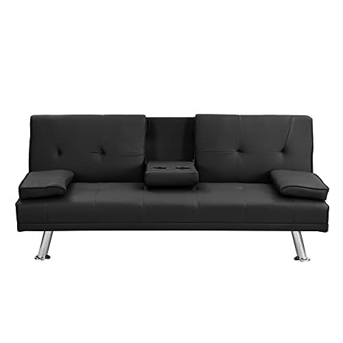 FULife Futon Sofa Convertible Sleeper Couch Bed Daybed Loveseat, Folding Recliner with 2 Cup Holders, Metal Legs, Removable Soft Pillow-Top Armrest for Living Room Small Place, Black PU Leather 66.1"w