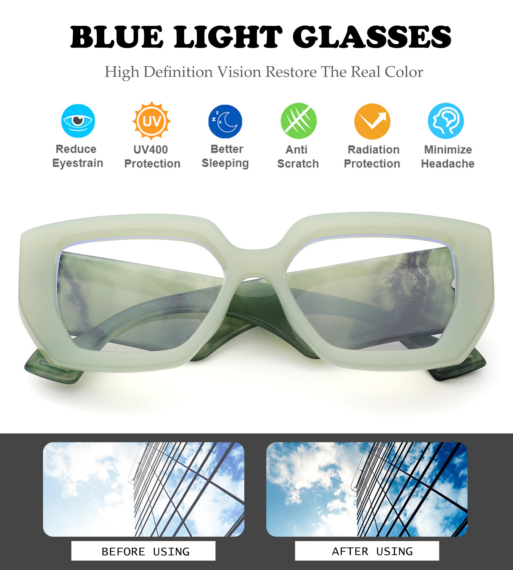 NULOOQ Blue Light Glasses for Women – Fashion Thick Frame Square Oversized Computer Eyeglasses (Light Green/Green)