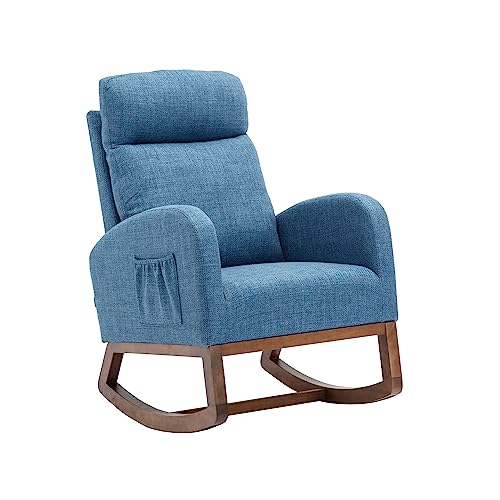 EEBUIHUI Modern Rocking Chair, Upholstered Linen Armchair with Solid Wood Legs Rocker Chair with Thick Padded Seat, Vintage Style Accent Furniture for Living Room, Bedroom, Nursery (Blue)
