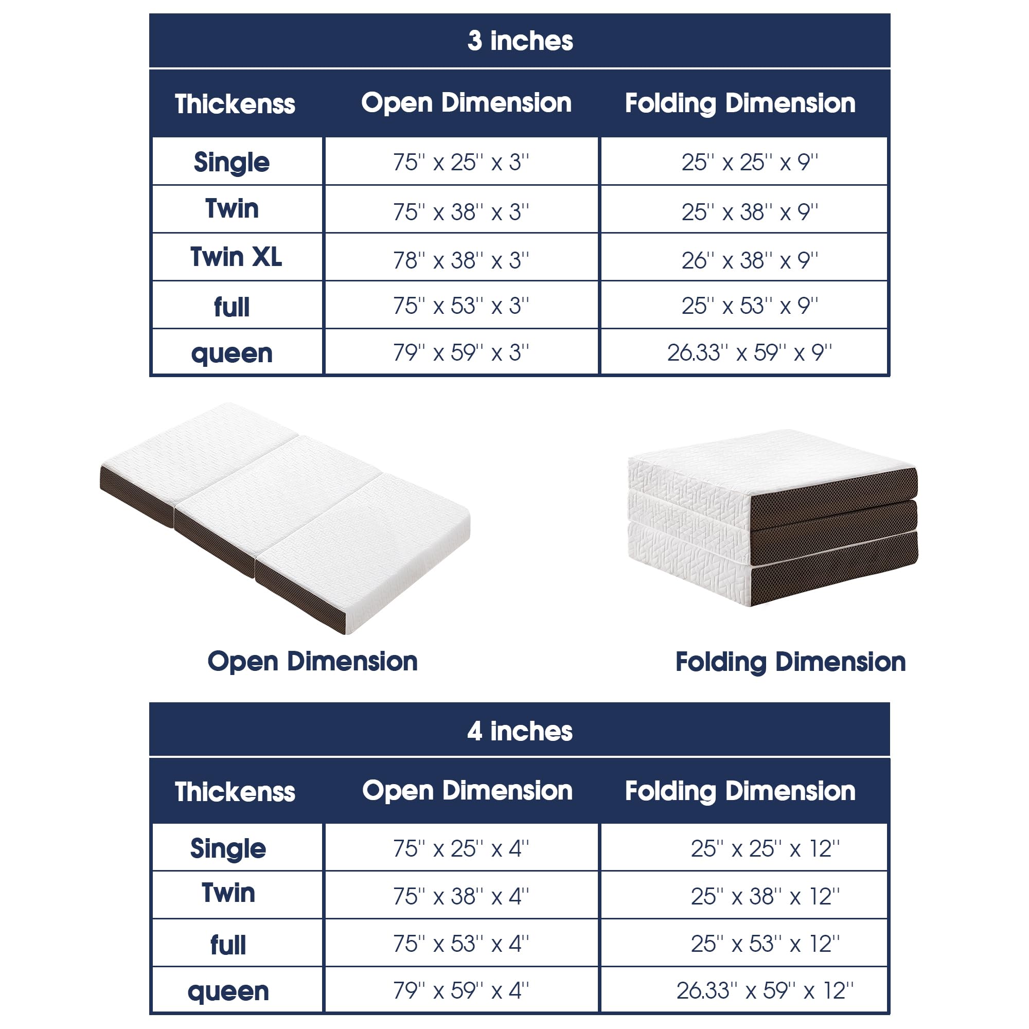 BedLuxury 3 Inch Twin Size Foldable Memory Foam Topper Portable Floor Guest Bed with Removable Cover