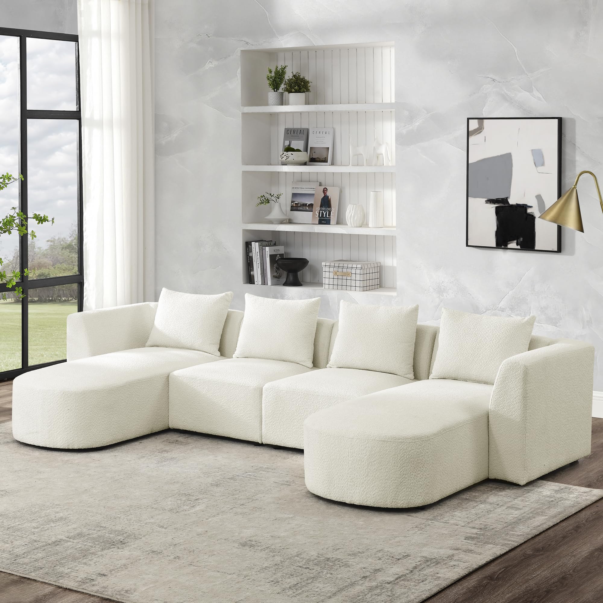 Quarte U Shape Sectional Sofa,Modular Sofa with Two Single Seat, Two Chaises,DIY Combination, Loop Yarn Fabric (Beige/5 Seat)