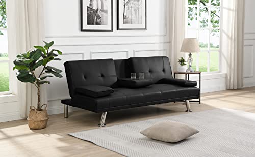 FULife Futon Sofa Convertible Sleeper Couch Bed Daybed Loveseat, Folding Recliner with 2 Cup Holders, Metal Legs, Removable Soft Pillow-Top Armrest for Living Room Small Place, Black PU Leather 66.1"w