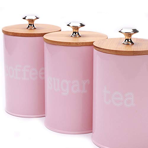 X022S Set of 3 Metal Food Storage Tin Canister/Jar with Bamboo Lid (matte pink)
