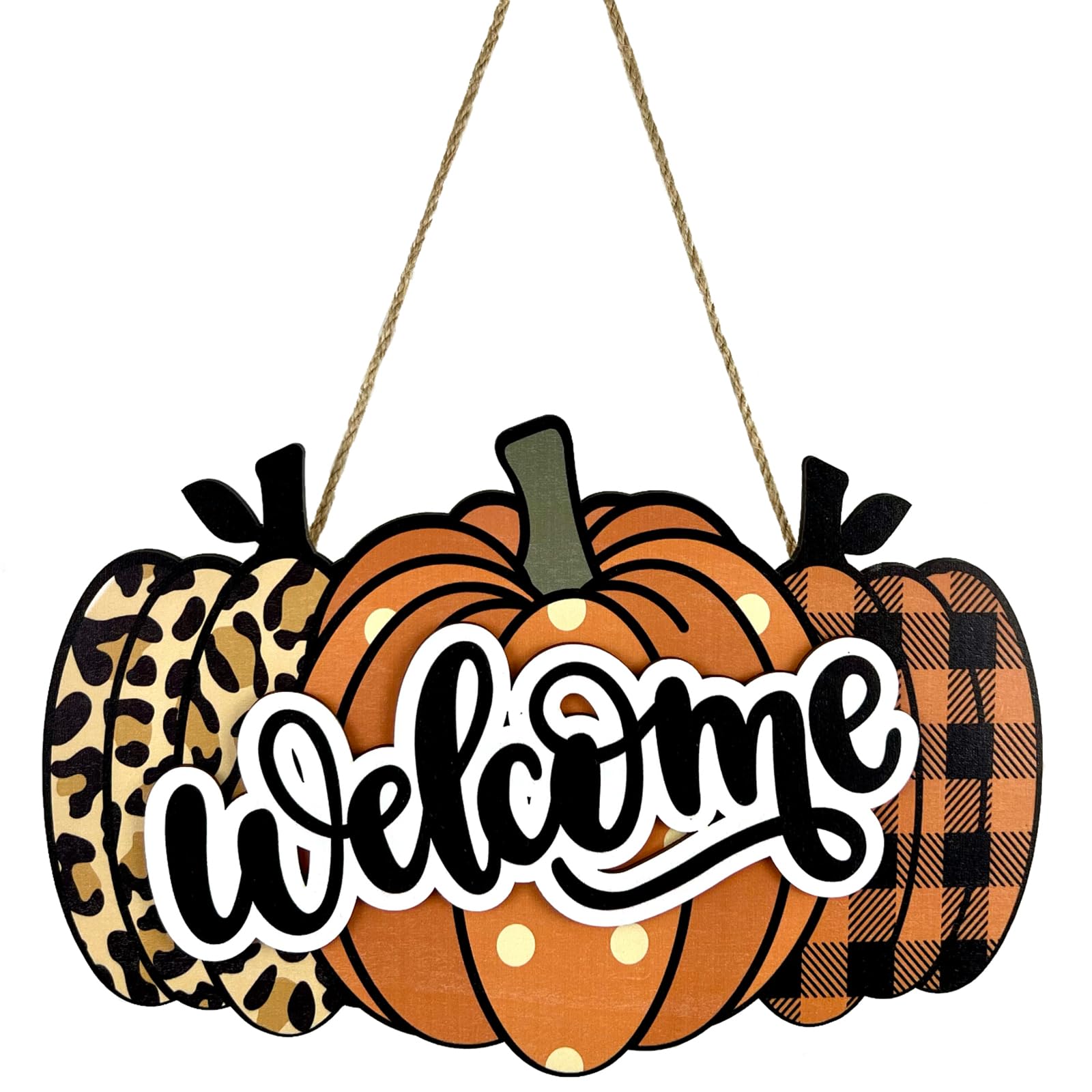 Fall Wreaths for Front Door Wooden Leopard Plaid Welcome Pumpkin Hanging Sign Front Porch Decor Door Sign Farmhouse Wall Living Room Home Decorations 11.8 x 7.9 Inch