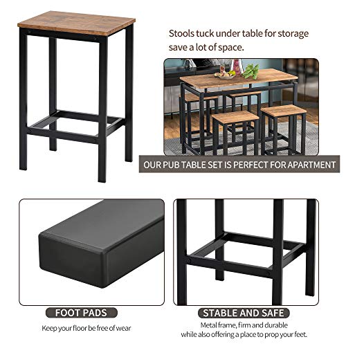 LCH 5-Piece Counter Height, Industrial Dining, Small Space Chairs, Kitchen Table Set for 4 Persons (Brown)