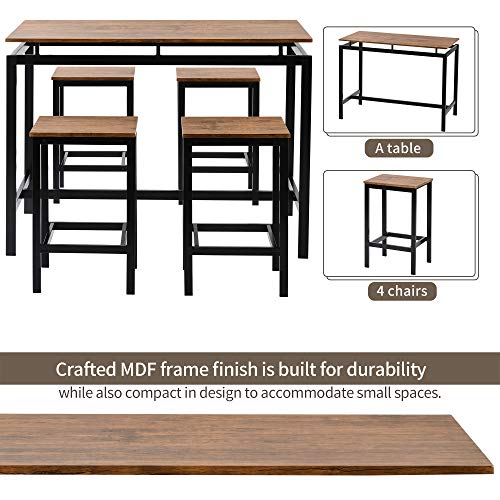 LCH 5-Piece Counter Height, Industrial Dining, Small Space Chairs, Kitchen Table Set for 4 Persons (Brown)