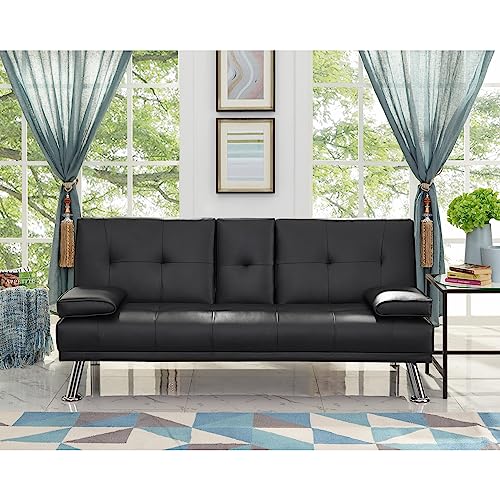 Space-Saving Design: Convertible Futon Sofa Bed, Versatile Comfort - Sturdy Build Modern Faux Leather Futon Couch - Low-Maintenance Upholstery - Customizable Positions - Easy Assembly - Black