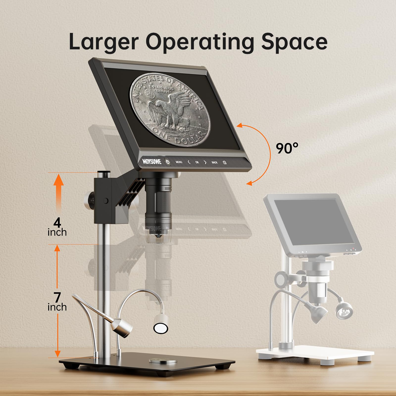 MOYSUWE 10.1 inch Digital Microscope for Adult, 11’’ Enhanced Metal Bracket, 1200X Coin Magnifier, Soldering Microscope with 10 LEDs, 12MP Camera Sensor, Windows/Mac Compatible, 32GB