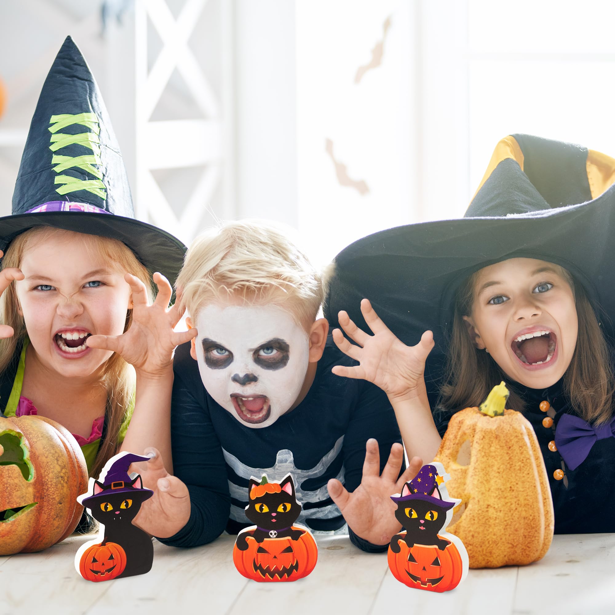 JAPBOR 3Pcs Halloween Wooden Centerpieces Table Decorations, Witch Hat Black Cat Pumpkin Tiered Tray Set Desk Decor, Happy Fall Halloween Party Themed Sign Wood Block Tabletop Décor for Home Kitchen