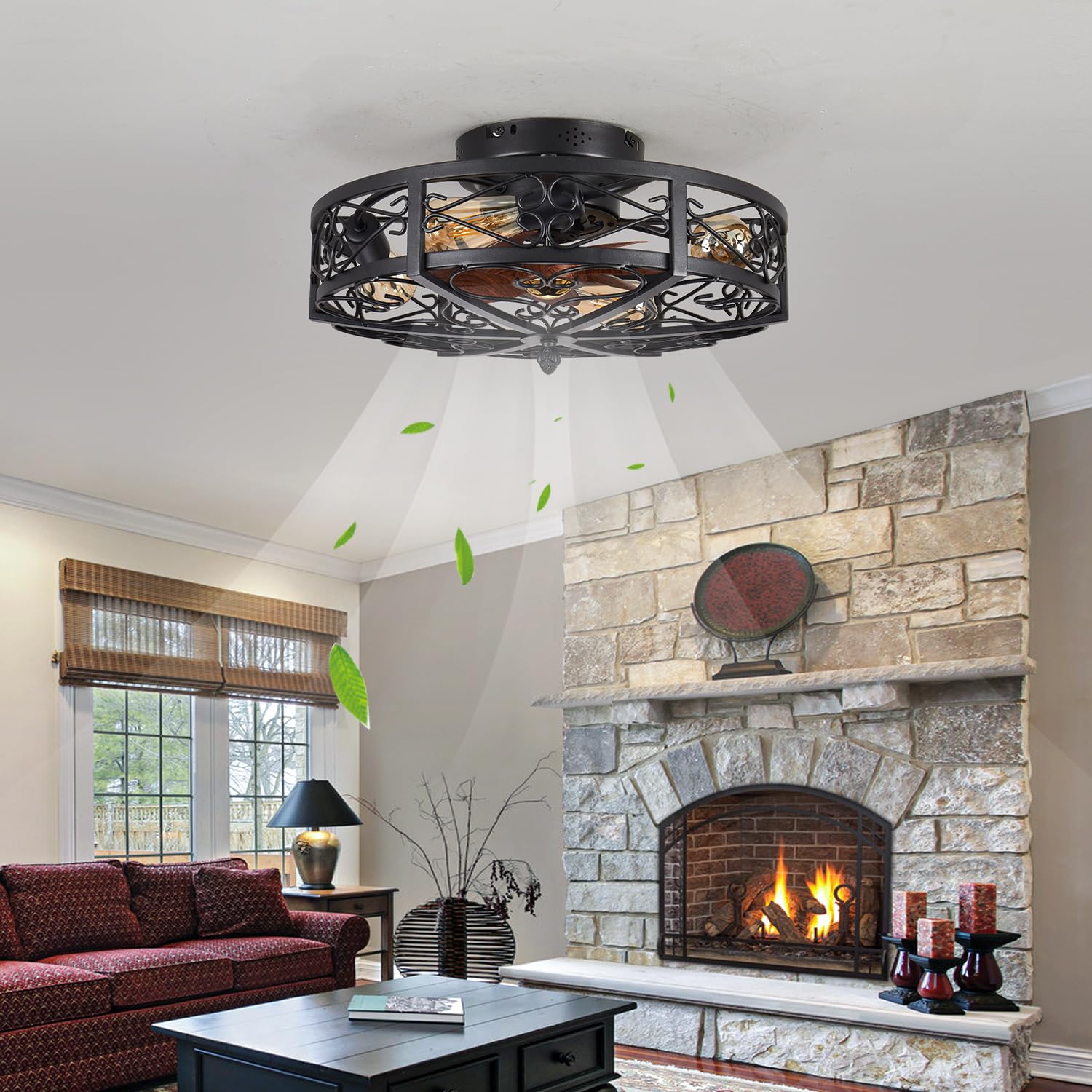 MeZeYo 20" Caged Farmhouse Flush Mount Ceiling Fan with Light and Remote Control Bladeless Low Profile Ceiling Fans with Lights Enclosed Vintage Fan 6 Speed Reversible for Kitchen, Bedroom