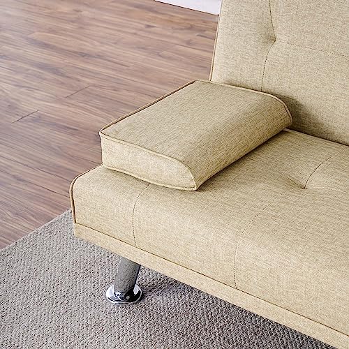 KNAMOTL 67" Double Folding Sofa Bed with Coffee Table, Modern Multifunctional Leather Sofa Chair with Metal Leg and Removable Armrests for Living Room Small Space Living (Beige)