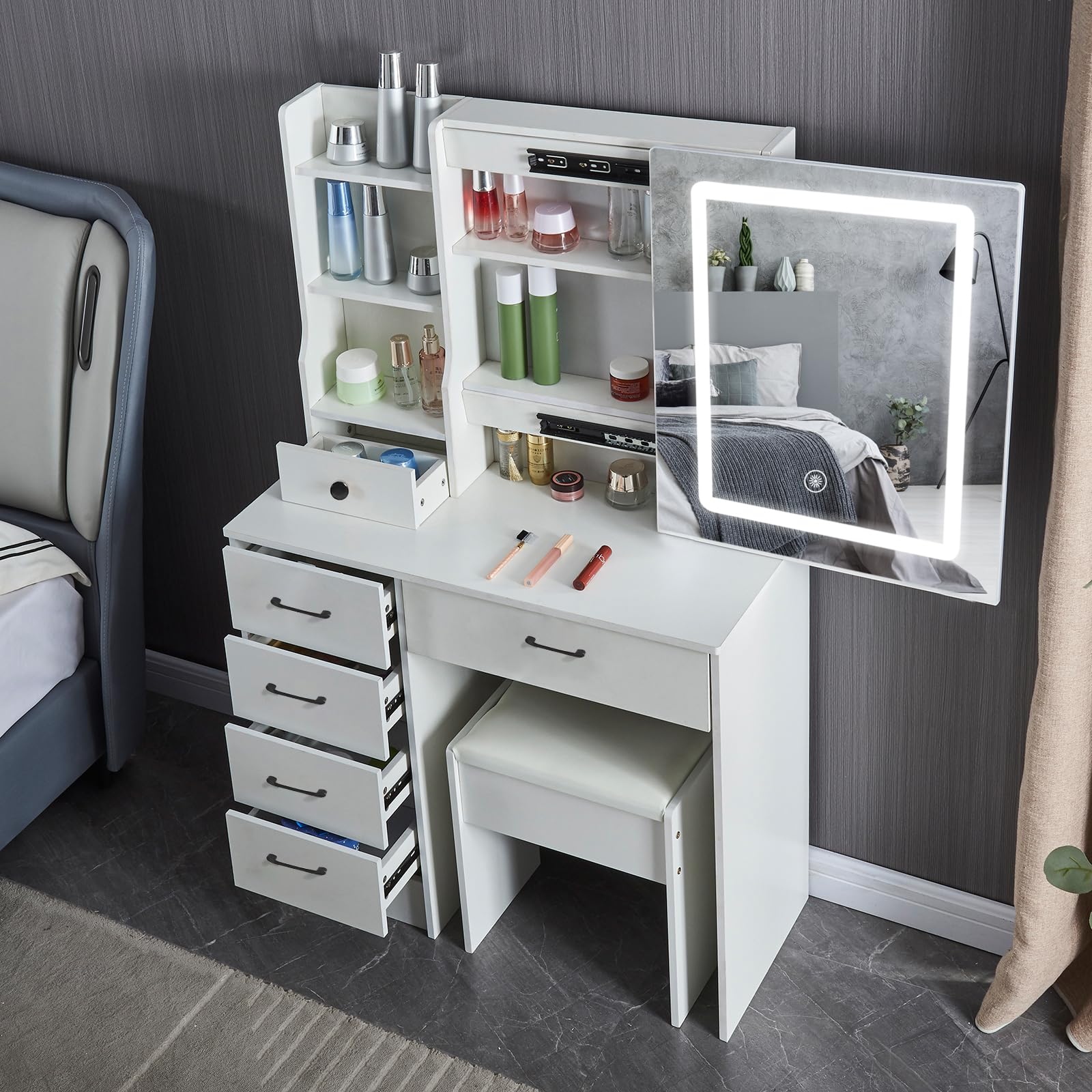 Kkonetoy White Vanity Desk with Lights, Makeup Desk Vanity Set with Sliding Mirror and 5 Drawers, Modern Makeup Vanity Dressing Table with Cushioned Stool for Girls Bedroom Dresser, 30560704LED