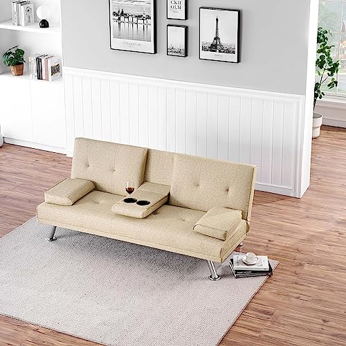 KNAMOTL 67" Double Folding Sofa Bed with Coffee Table, Modern Multifunctional Leather Sofa Chair with Metal Leg and Removable Armrests for Living Room Small Space Living (Beige)