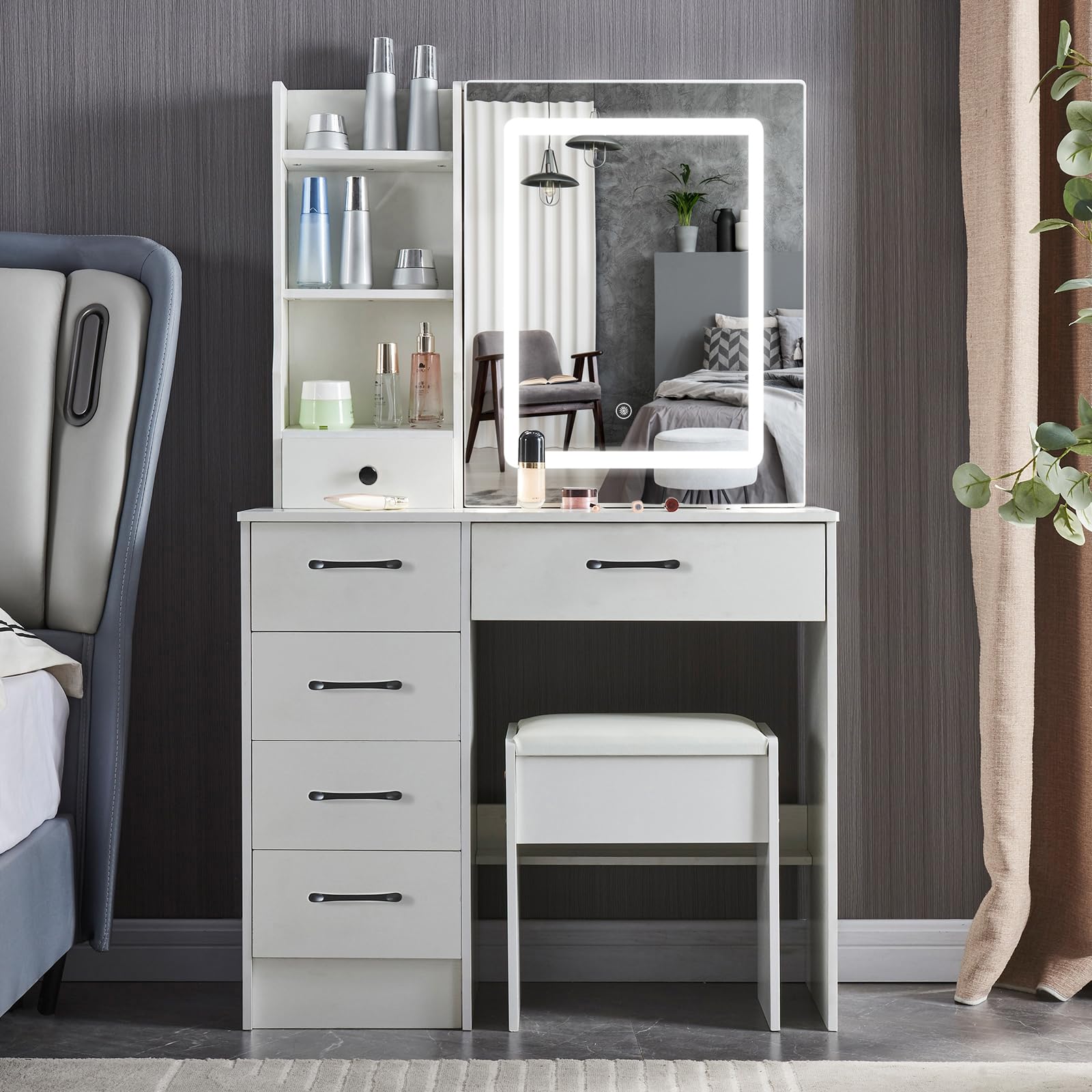 Kkonetoy White Vanity Desk with Lights, Makeup Desk Vanity Set with Sliding Mirror and 5 Drawers, Modern Makeup Vanity Dressing Table with Cushioned Stool for Girls Bedroom Dresser, 30560704LED