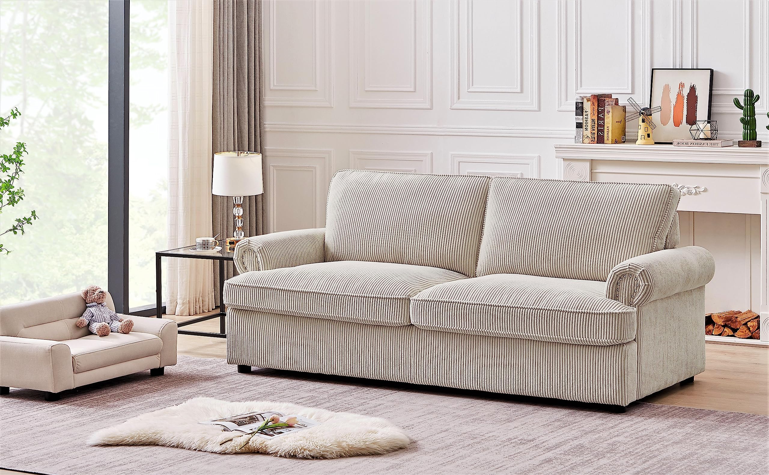 Reversible Sleeper Sofa Bed with Comfortable Memory Foam Mattress, Convertible Full Size Pull Out Couch for Living Room, Space Saving Furniture, Upholstered in Corduroy Fabric, 70" Wide, Ivory