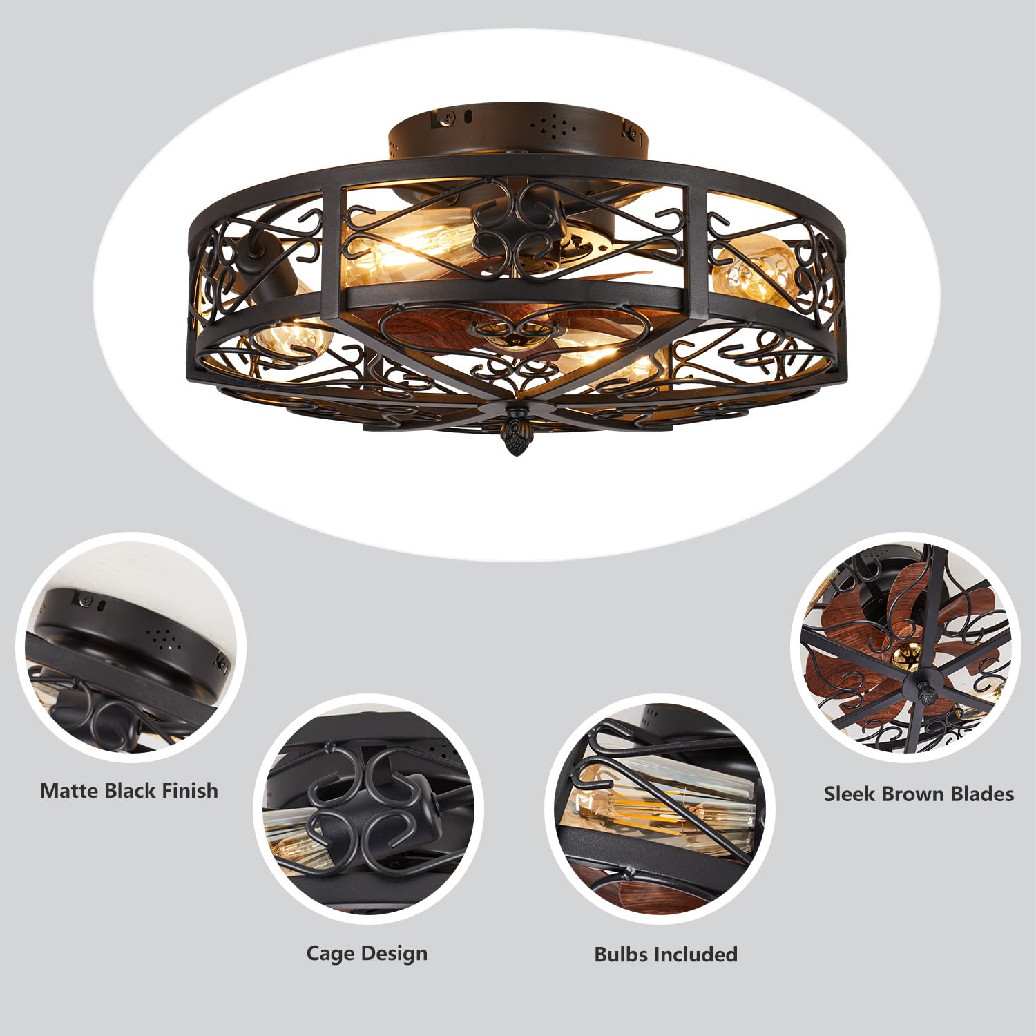 MeZeYo 20" Caged Farmhouse Flush Mount Ceiling Fan with Light and Remote Control Bladeless Low Profile Ceiling Fans with Lights Enclosed Vintage Fan 6 Speed Reversible for Kitchen, Bedroom