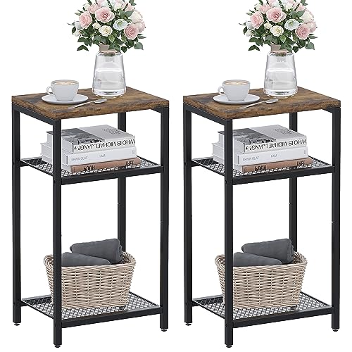Yifeel Side Table Set of 2, 3 Tier End Table with Storage, Tall Telephone Table, Night Stand for Small Spaces, Sturdy Metal Frame, Living Room, Bedroom, Rustic Brown and Black JET001NSR2
