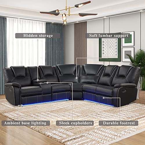 Evedy Living Room Furniture Sets, Sectional Sofa with LED Light Strip,Modern Faux Leather Manual Reclining with Center Console,PU Symmetrical Couch with 2 Cup Holders and Storage, Black e