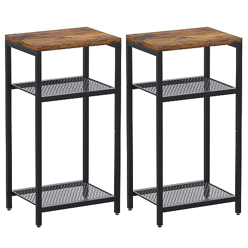 Yifeel Side Table Set of 2, 3 Tier End Table with Storage, Tall Telephone Table, Night Stand for Small Spaces, Sturdy Metal Frame, Living Room, Bedroom, Rustic Brown and Black JET001NSR2