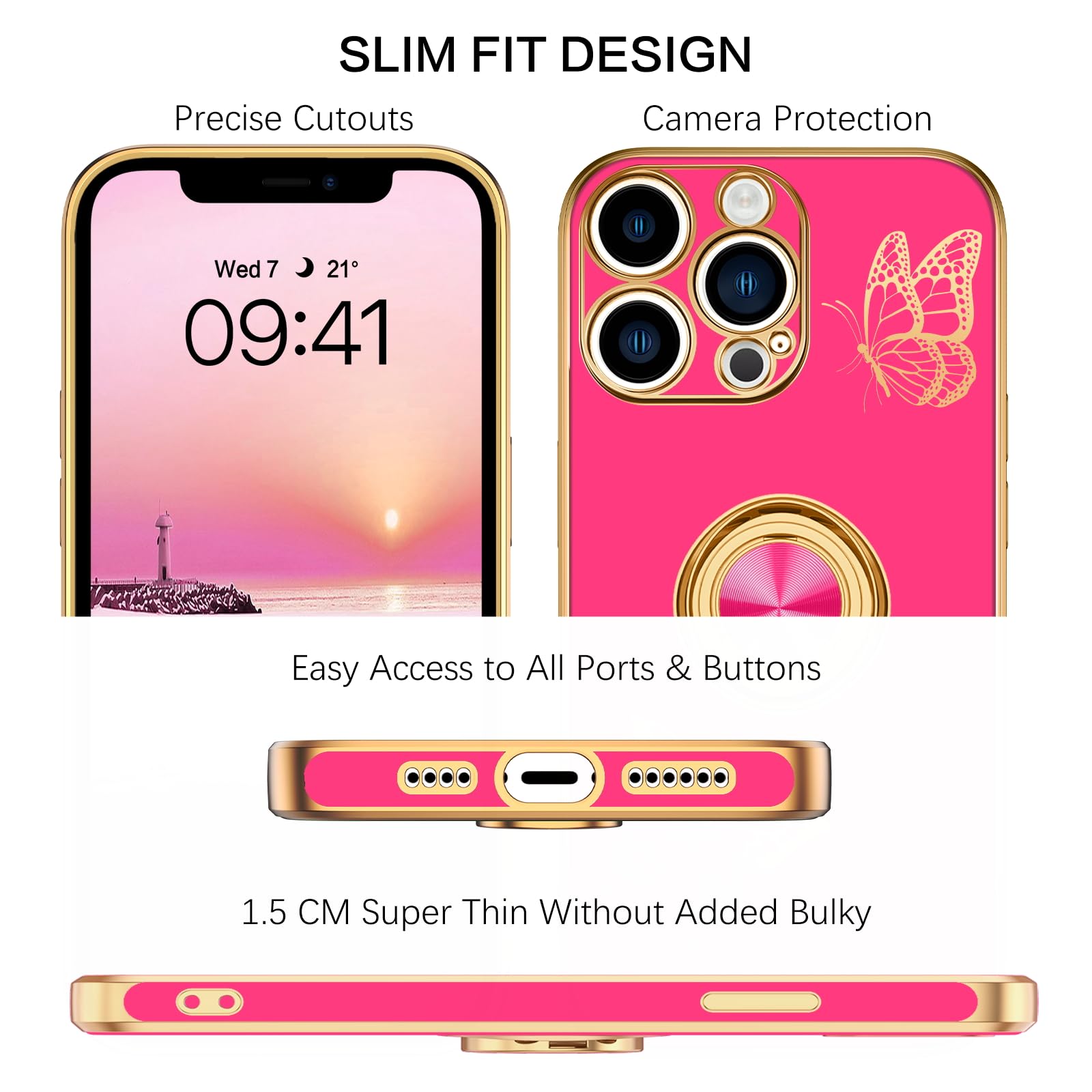 BENTOBEN for iPhone 13 Pro Max Case, Phone Case iPhone 13 Pro Max, Cute Butterfly Plating 360° Ring Holder Kickstand Magnetic Car Mount Supported Soft Bumper Women Men Drop Protective Cover, Hot Pink
