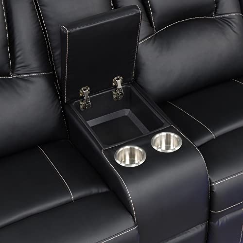 Evedy Living Room Furniture Sets, Sectional Sofa with LED Light Strip,Modern Faux Leather Manual Reclining with Center Console,PU Symmetrical Couch with 2 Cup Holders and Storage, Black e