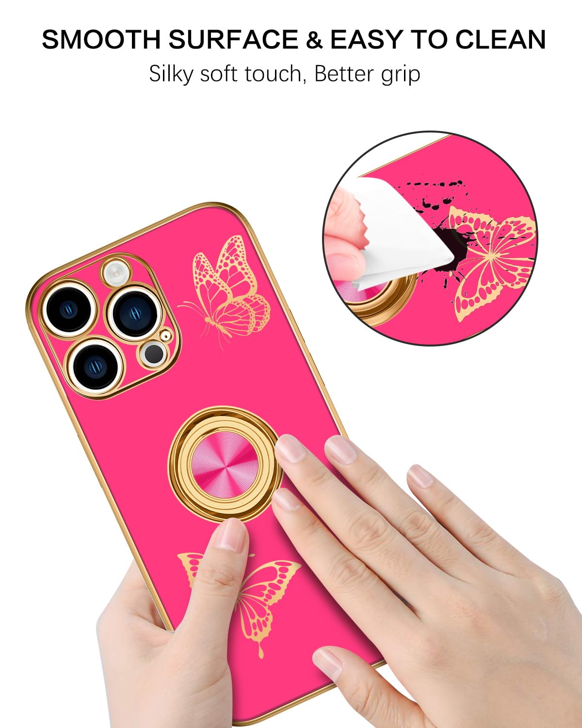 BENTOBEN for iPhone 13 Pro Max Case, Phone Case iPhone 13 Pro Max, Cute Butterfly Plating 360° Ring Holder Kickstand Magnetic Car Mount Supported Soft Bumper Women Men Drop Protective Cover, Hot Pink