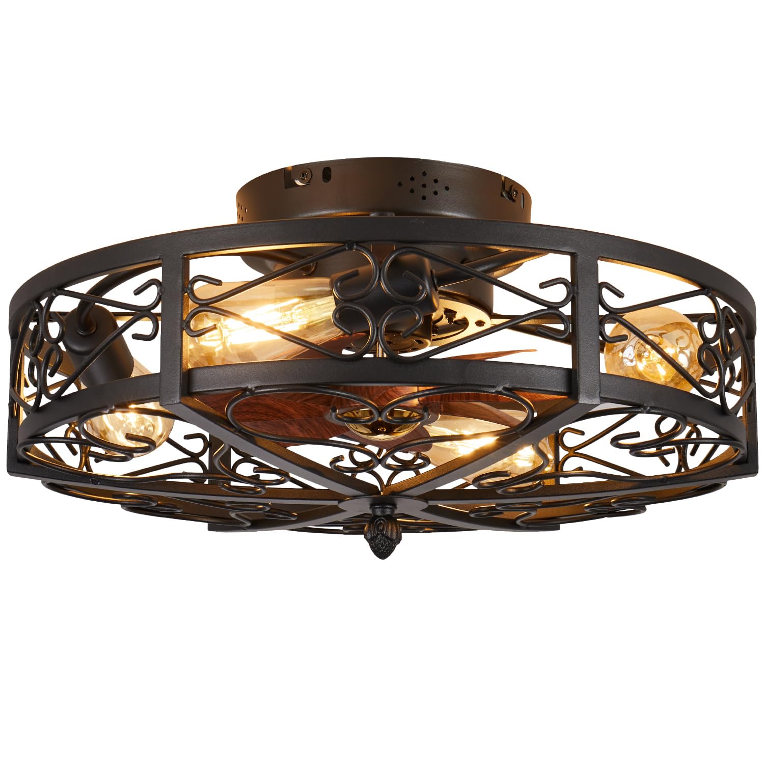 MeZeYo 20" Caged Farmhouse Flush Mount Ceiling Fan with Light and Remote Control Bladeless Low Profile Ceiling Fans with Lights Enclosed Vintage Fan 6 Speed Reversible for Kitchen, Bedroom