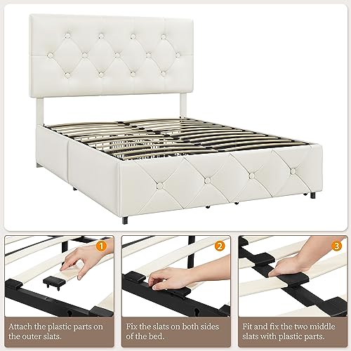 Yaheetech Full Upholstered Bed Frame with 4 Storage Drawers and Adjustable Headboard, Faux Leather Platform Bed Frame with Mattress Foundation, Strong Wooden Slats Support, No Box Spring Needed, Beige