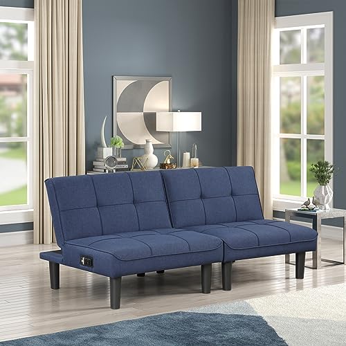 JUBILOOM Comfy Mini Couches, Small Recliner Futon with Adjustable Backrest (USB Ports), Single Mini Couch Small Space, Recliner Chairs for Living Room, Bedroom, Home, Blue, 1Pack, 306BL1USB