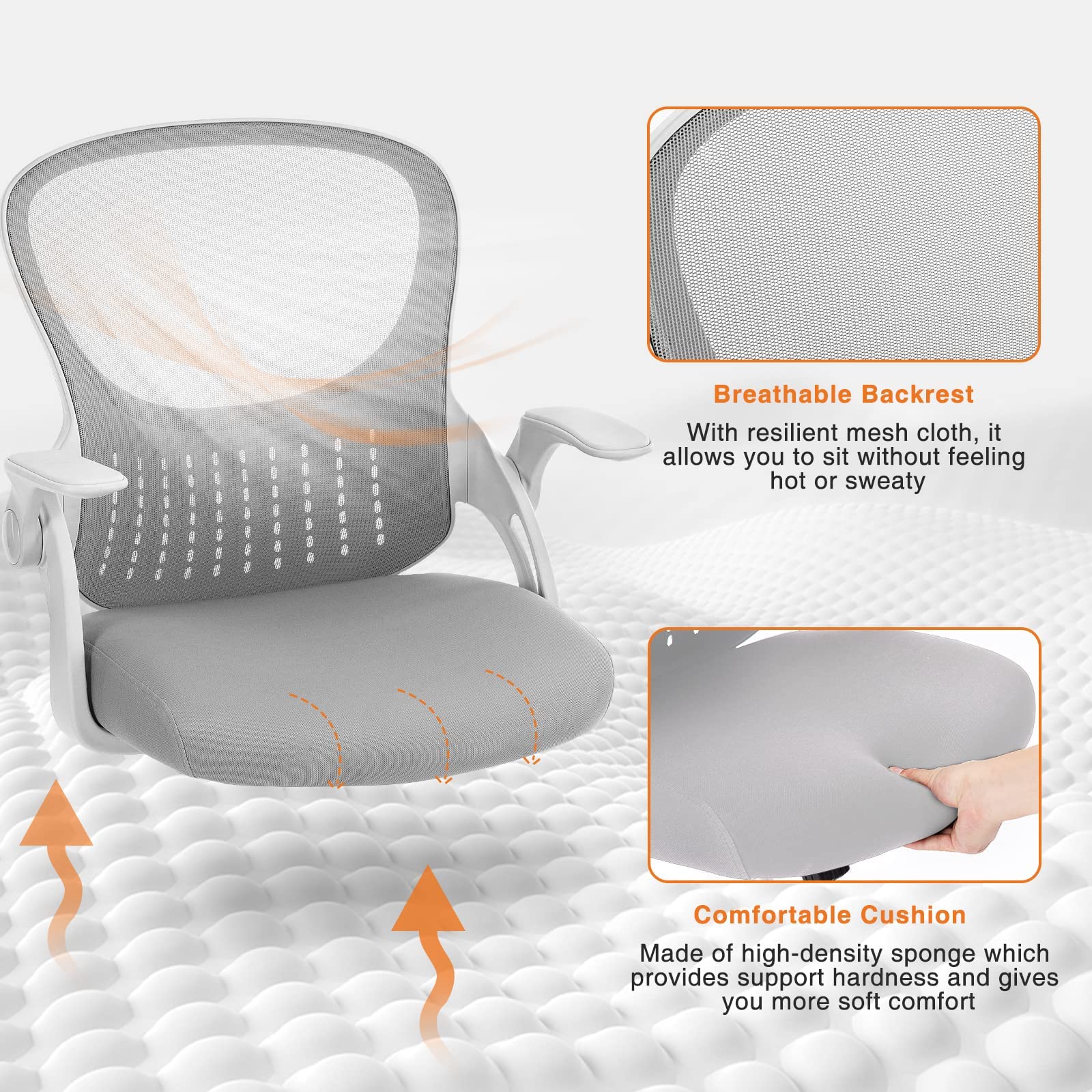 Office Chair Ergonomic Home Office Desk Chairs, Breathable Mesh Back Lumbar Support Computer Chair, Adjustable Height Swivel Task Chair with Flip-up Arms & Wheels, Grey