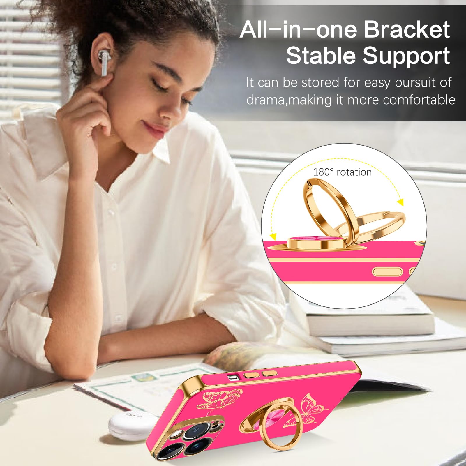 BENTOBEN for iPhone 13 Pro Max Case, Phone Case iPhone 13 Pro Max, Cute Butterfly Plating 360° Ring Holder Kickstand Magnetic Car Mount Supported Soft Bumper Women Men Drop Protective Cover, Hot Pink