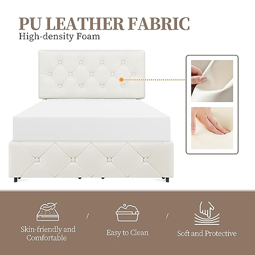 Yaheetech Full Upholstered Bed Frame with 4 Storage Drawers and Adjustable Headboard, Faux Leather Platform Bed Frame with Mattress Foundation, Strong Wooden Slats Support, No Box Spring Needed, Beige