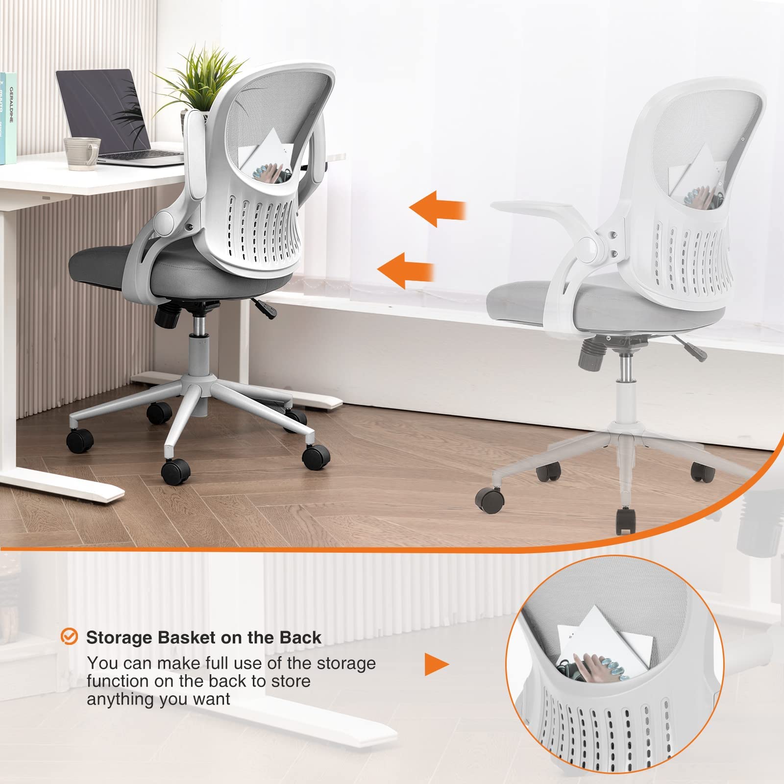 Office Chair Ergonomic Home Office Desk Chairs, Breathable Mesh Back Lumbar Support Computer Chair, Adjustable Height Swivel Task Chair with Flip-up Arms & Wheels, Grey