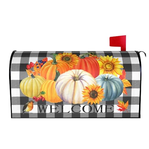 Fall Magnetic Mailbox Covers Standard Size 18 X 21 Welcome Pumpkin Sunflower Plaid Mailbox Cover Autumn Thanksgiving Decorations Mailbox Wrap Post Letter Box Covers Decor for Outdoor Home Garden