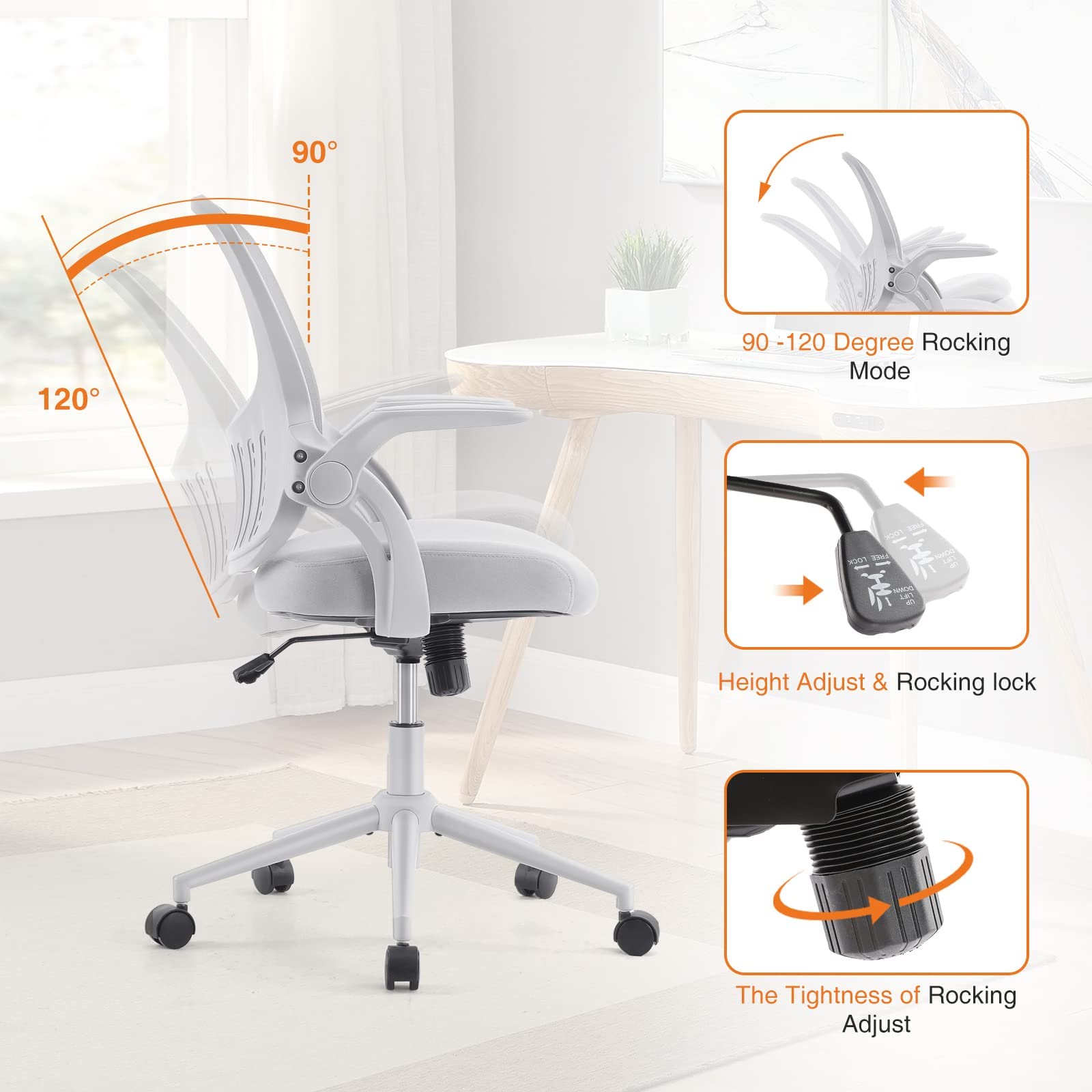 Office Chair Ergonomic Home Office Desk Chairs, Breathable Mesh Back Lumbar Support Computer Chair, Adjustable Height Swivel Task Chair with Flip-up Arms & Wheels, Grey