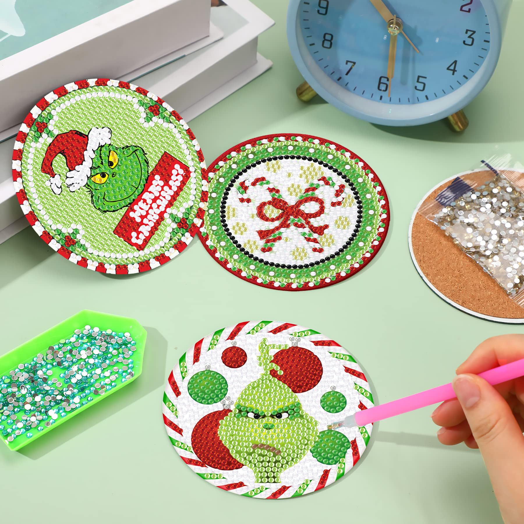 cupmod 8PCS Christmas Diamond Painting Coasters with Holder,Cartoon Diamond Art Coasters Kits for Beginners,Adults & Kids Small Diamond Art Kits Craft Supplies