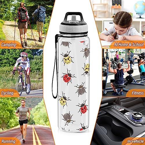 Boccsty Beetle Ladybug Pattern Kids Water Bottle with Straw Insects Sports Bottles BPA-Free Tritan Plastic Water Jug for Women Men Gym Outdoors