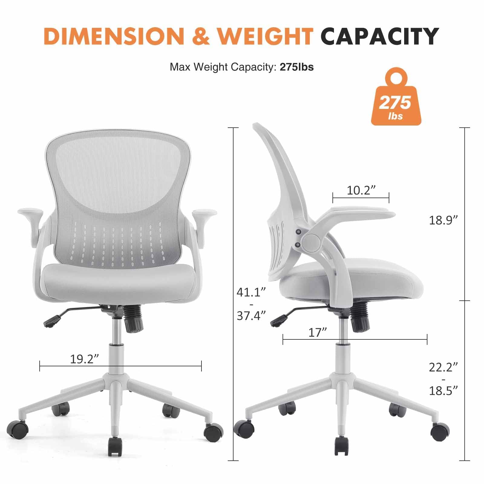 Office Chair Ergonomic Home Office Desk Chairs, Breathable Mesh Back Lumbar Support Computer Chair, Adjustable Height Swivel Task Chair with Flip-up Arms & Wheels, Grey