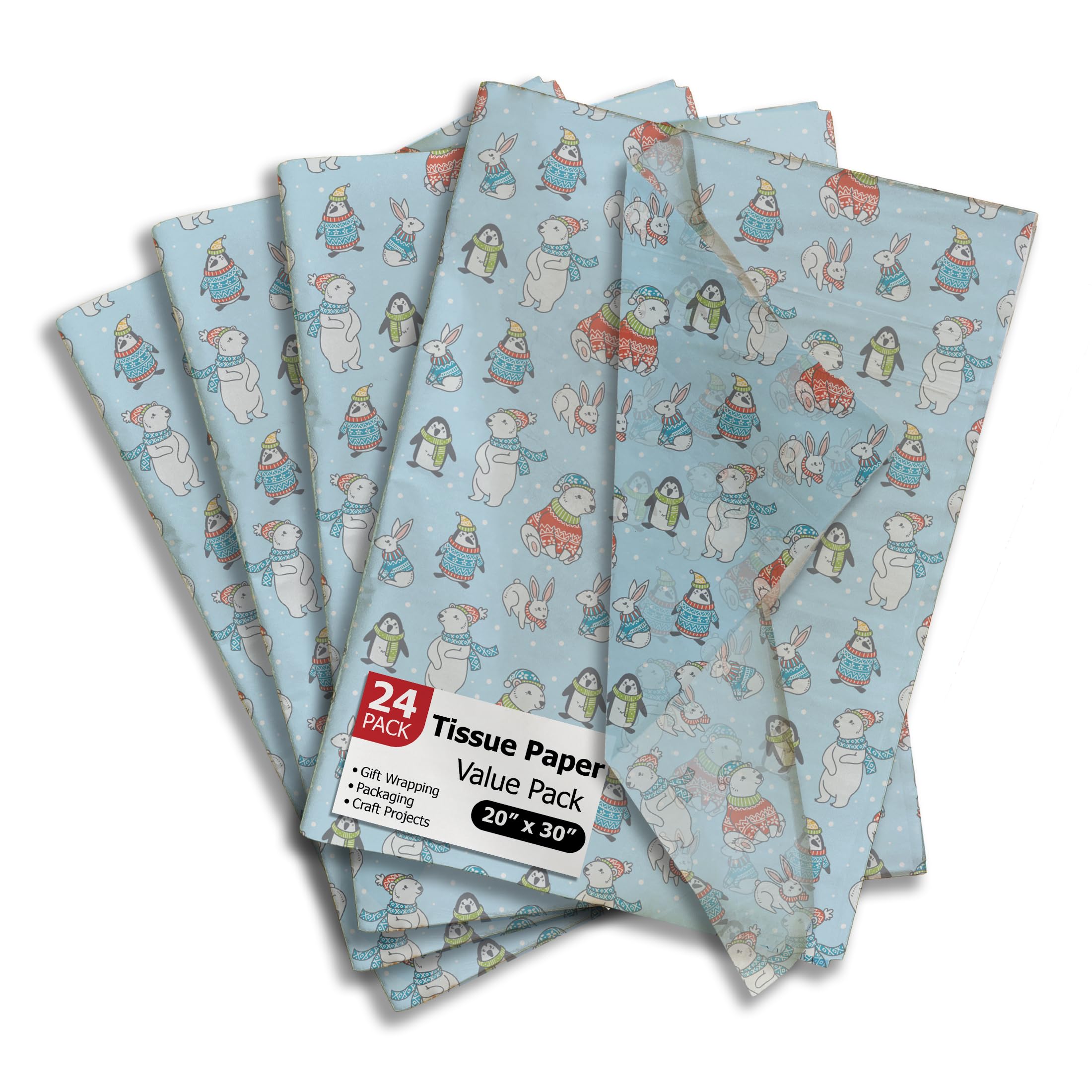 Winter Animals Printed Tissue Paper for Gift Bags or Boxes and Wrapping - Winter Holiday Bulk Decorative Art Tissue Paper for Packaging and Gifting | 24 Sheets 20" x 30"