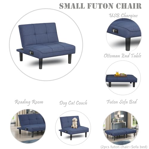 JUBILOOM Comfy Mini Couches, Small Recliner Futon with Adjustable Backrest (USB Ports), Single Mini Couch Small Space, Recliner Chairs for Living Room, Bedroom, Home, Blue, 1Pack, 306BL1USB