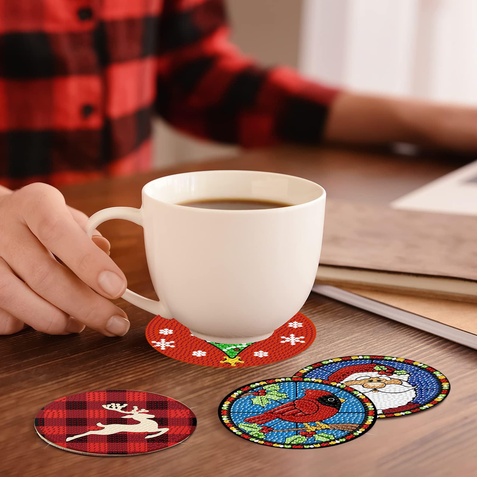 cupmod 8PCS Christmas Diamond Painting Coasters with Holder,Cartoon Diamond Art Coasters Kits for Beginners,Adults & Kids Small Diamond Art Kits Craft Supplies
