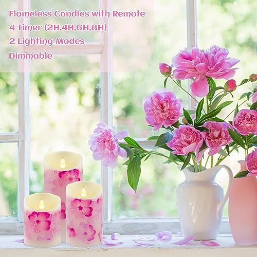 VEEKI Flameless Candles Lights, Set of 3 Cherry Blossoms Romantic LED Candles with Remote & Timer, Flickering LED Pillar Candles Battery Operated, Dimmable Electric Candles Gift for Mom Woman (Pink)