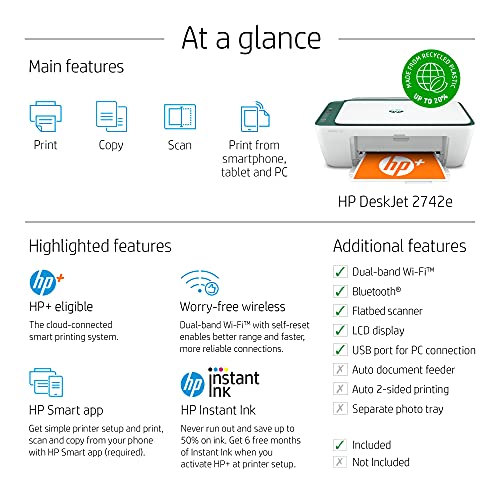 HP DeskJet 2742 Series All-in-One Color Inkjet Printer I Print Copy Scan I Wireless & USB Connectivity I Mobile Printing I Up to 4800 x 1200 DPI I Print Up to 7 ISO PPM I Sequoia + Printer Cable