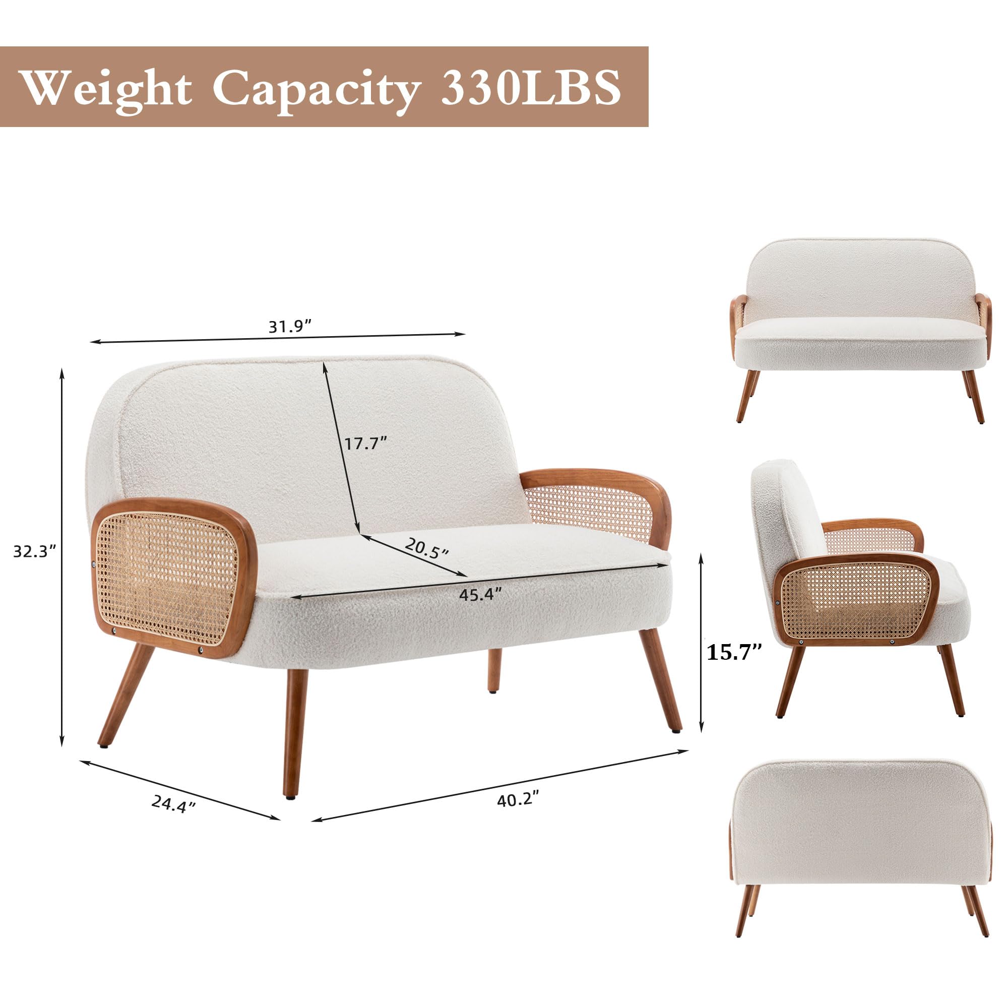 Aklaus 45" W Small Loveseat with Natural Rattan Arms,Upholstered Modern Mini Sofa Couch Love Seat Settee Bench with Back for Living Room Bedroom Office Small Space Entryway Teddy White